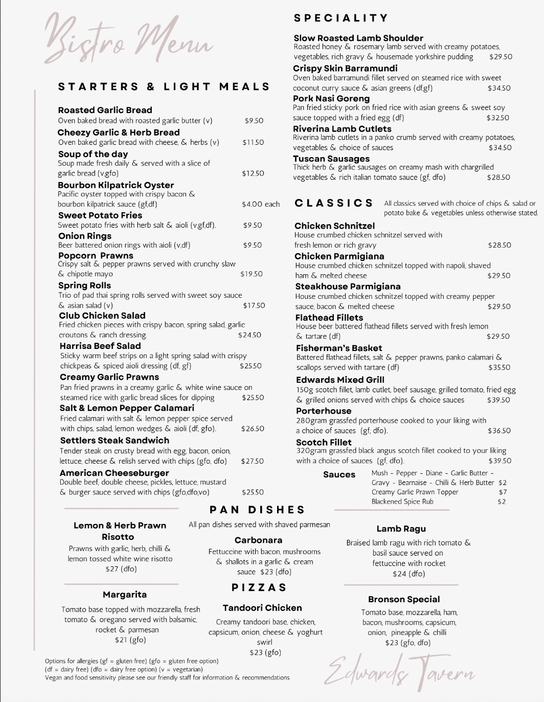 Bistro Menu | Edwards Tavern